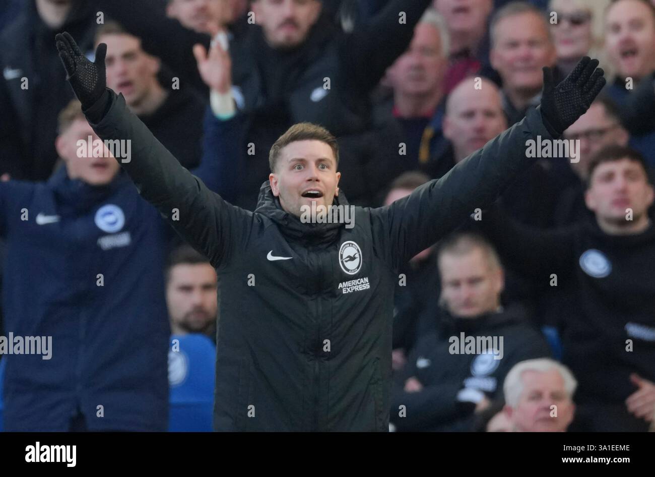 Brighton's head coach Fabian Huerzeler celebrates penalty being given ...