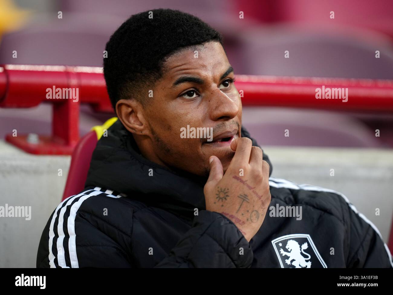 Aston Villa's Marcus Rashford sitting on the bench before the Premier ...
