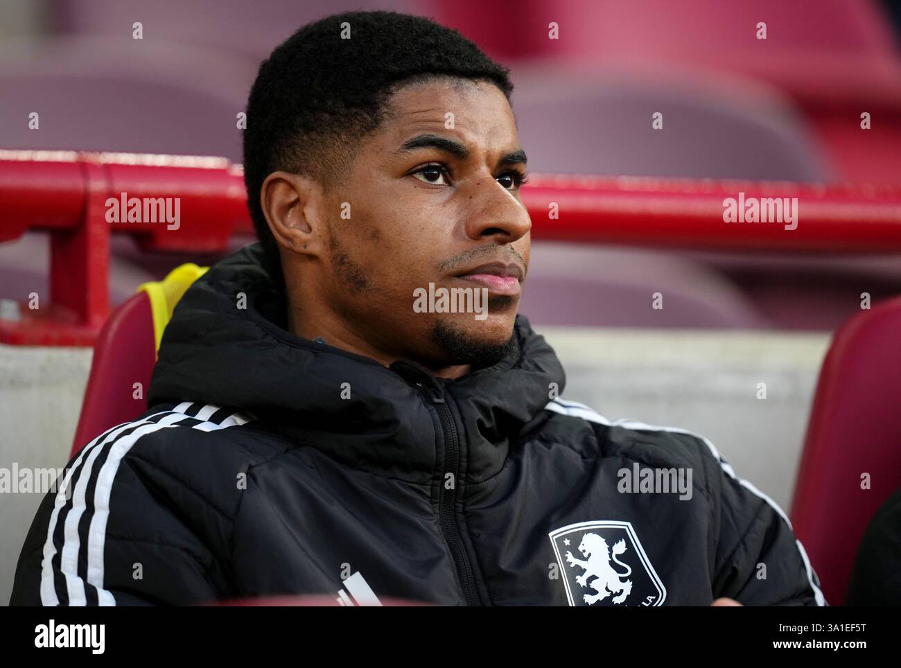Aston Villa's Marcus Rashford sitting on the bench before the Premier ...