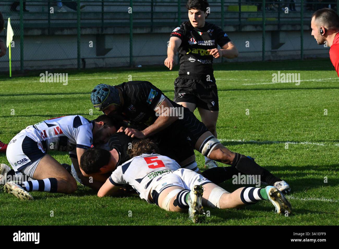 Padova, Italy. 08th Mar, 2025. Try of Petrarca during the match ...