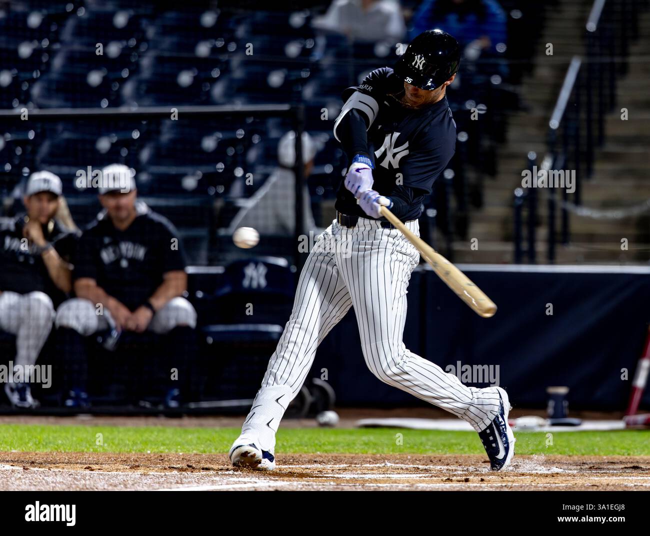 New York Yankees outfielder Cody Bellinger up to bat and hits a home ...