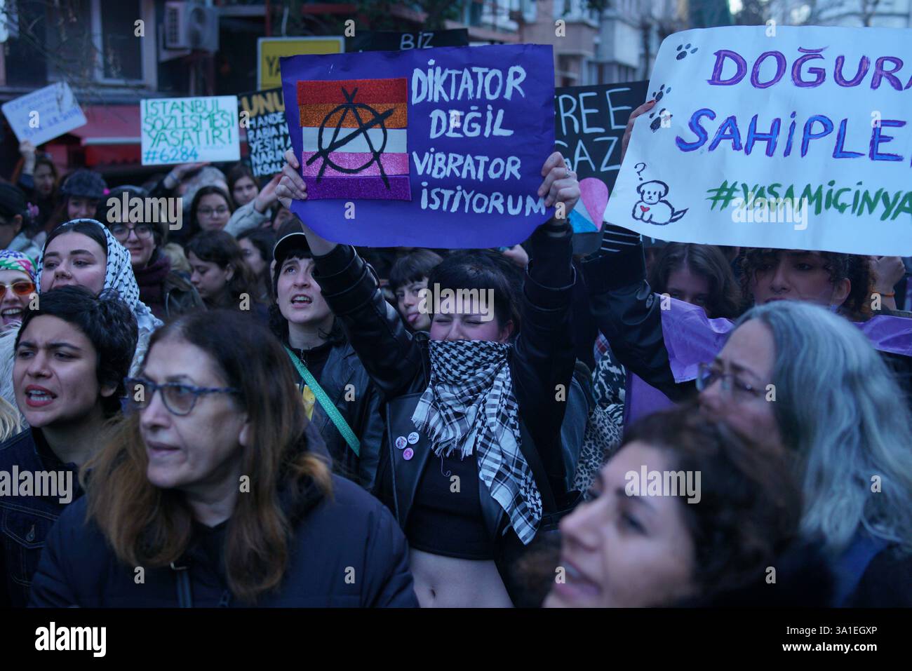 Taksim, Istanbul, Turkey. 8th Mar, 2025. Demonstrators hold placard and ...