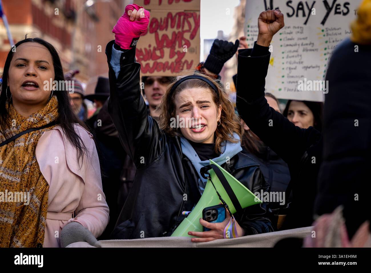 New York, United States. 08th Mar, 2025. Protestors leading the march ...