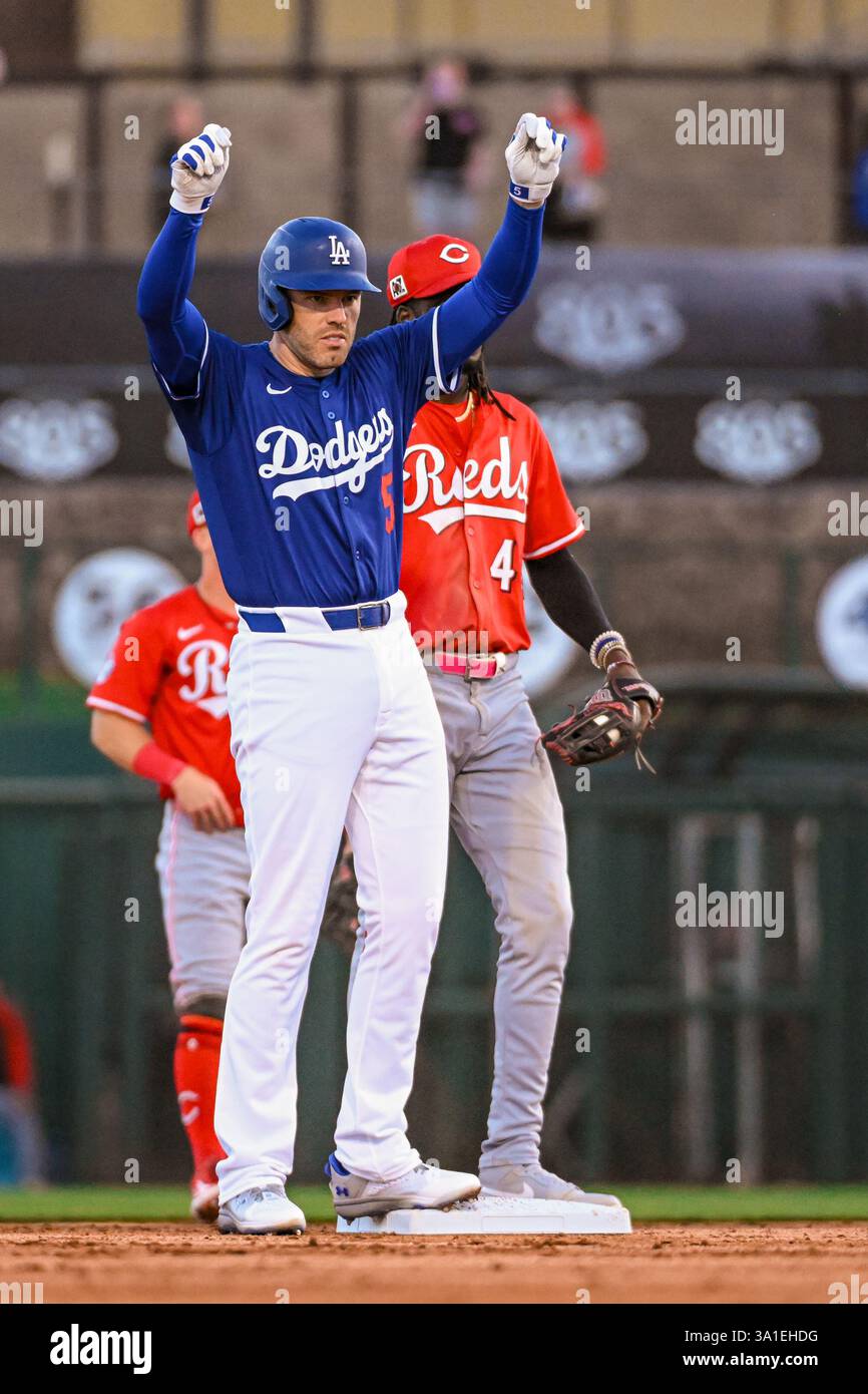Los Angeles Dodgers first base Freddie Freeman (5) doubles in the first ...