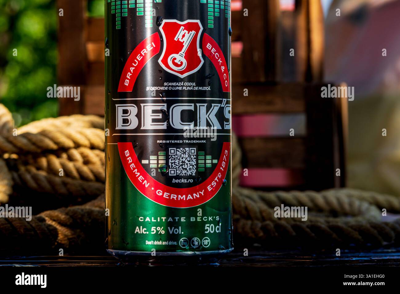 Beck's beer can - condensation water droplets, outdoors background Stock Photo - Alamy