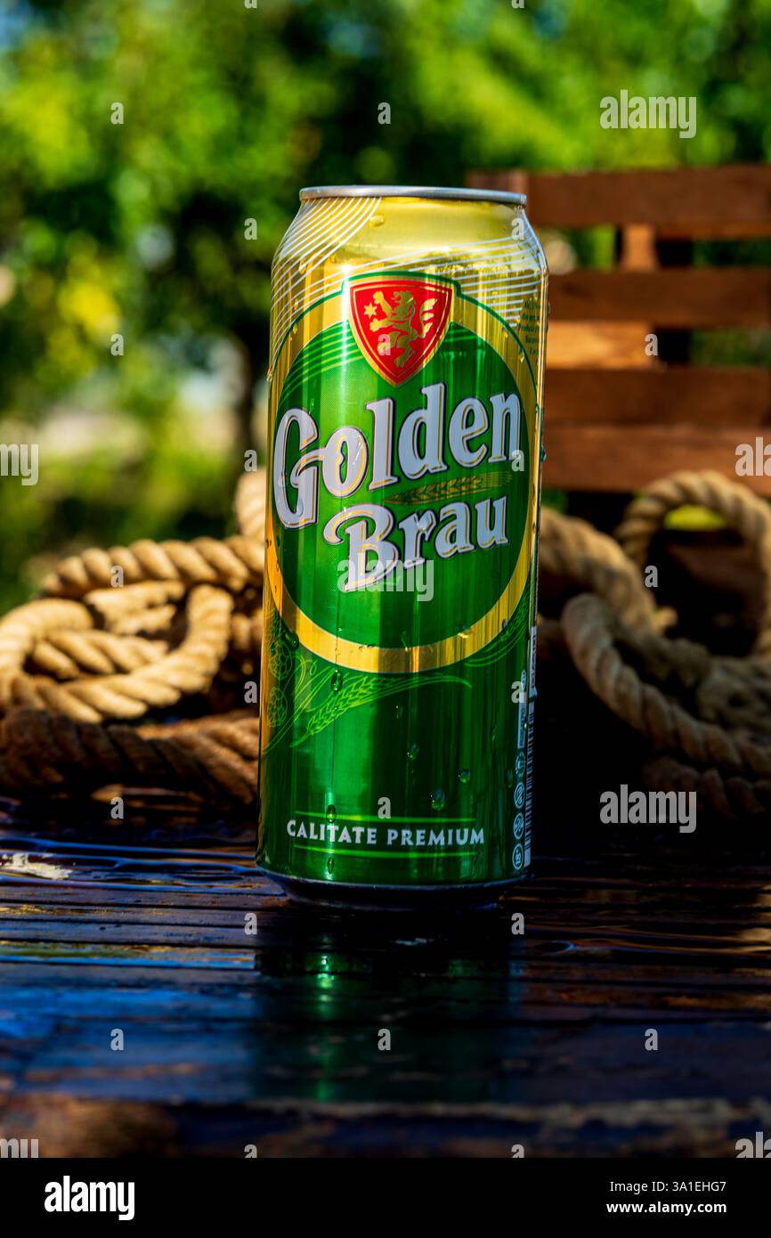 Golden Brau beer can - condensation water droplets, outdoors background ...