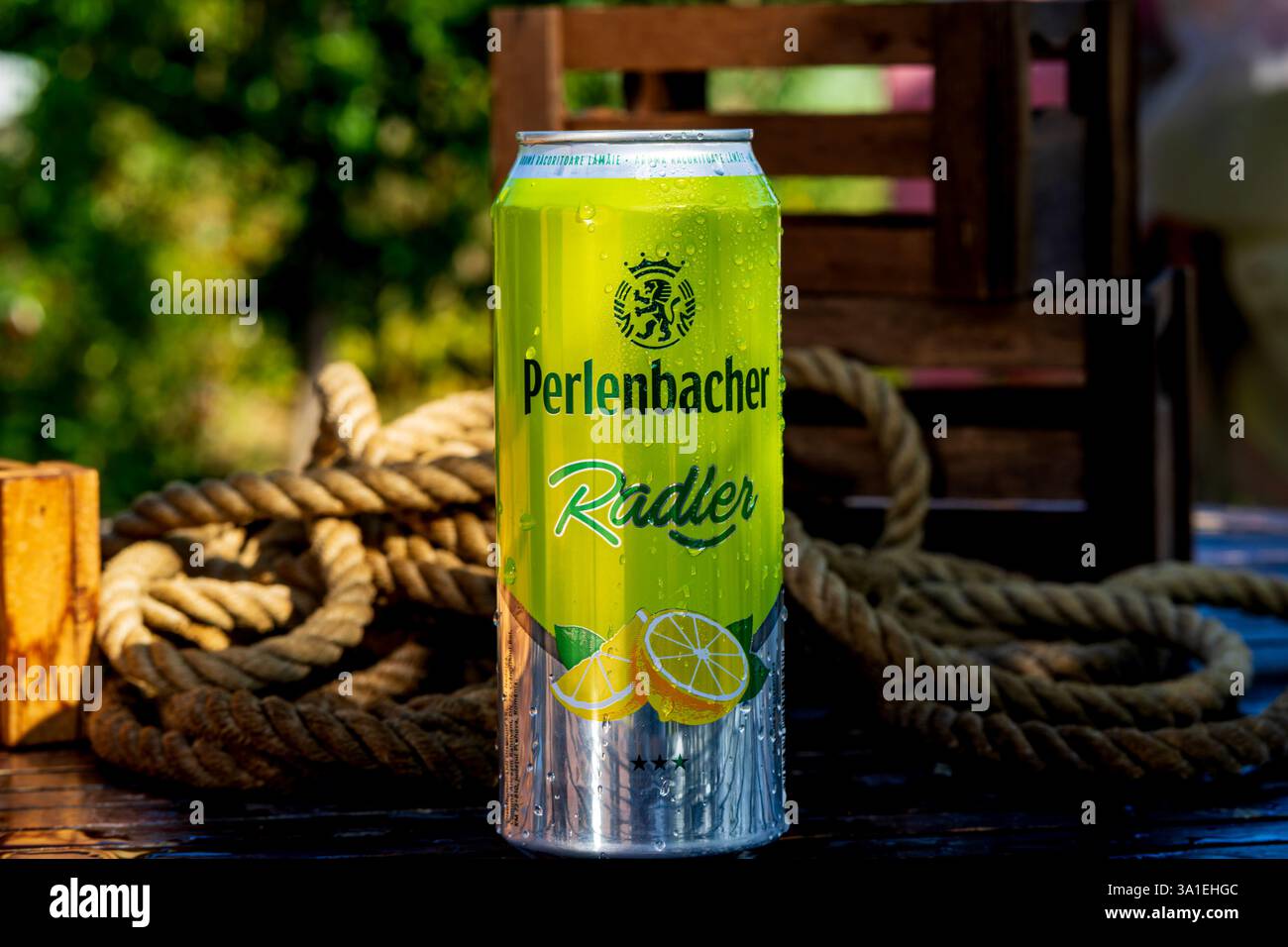 Perlenbacher Radler beer can - condensation water droplets, outdoors ...
