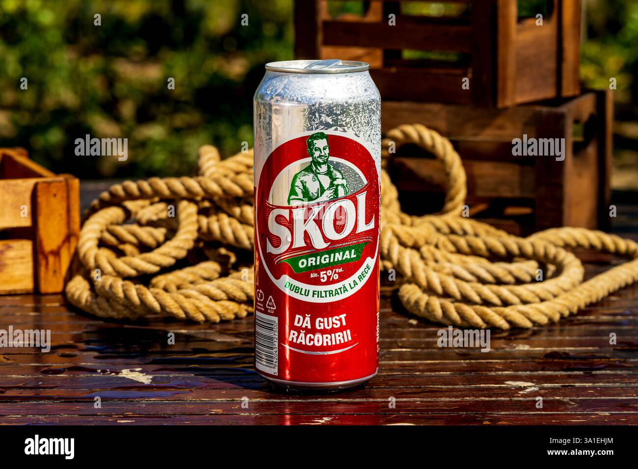 SKOL beer can - condensation water droplets, outdoors background Stock ...