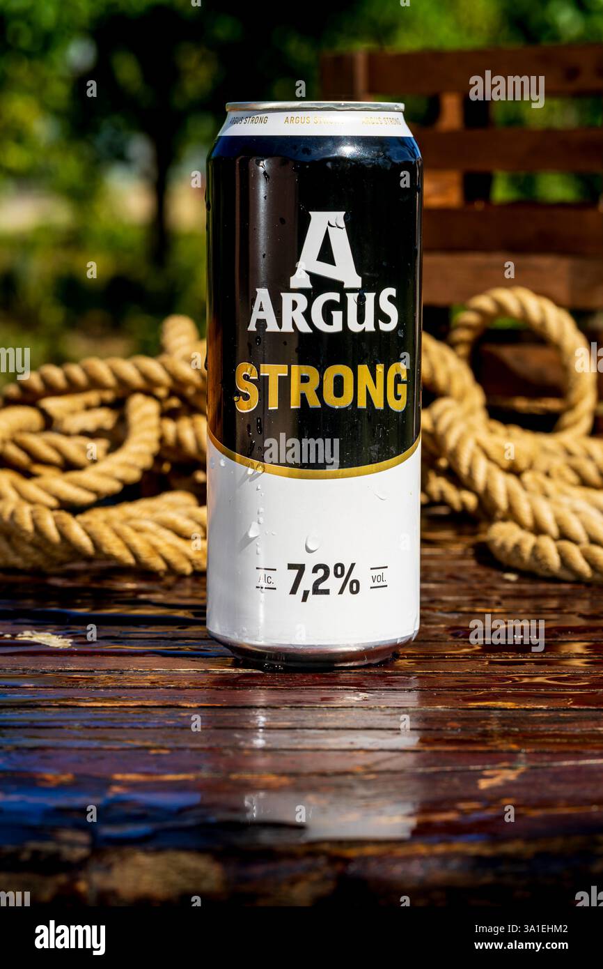 Argus beer can - condensation water droplets, outdoors background Stock ...