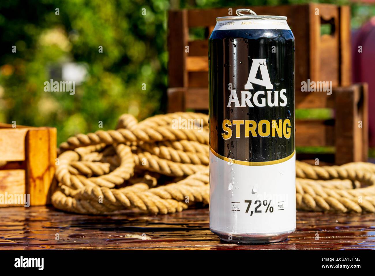 Argus beer can - condensation water droplets, outdoors background Stock ...