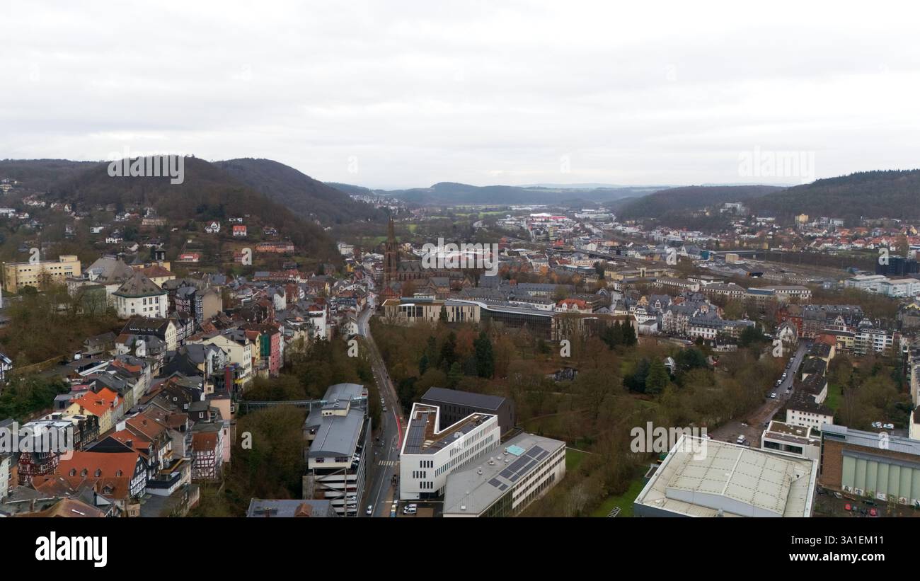 High-angle panoramic view of Marburg, Germany, showcasing historic ...