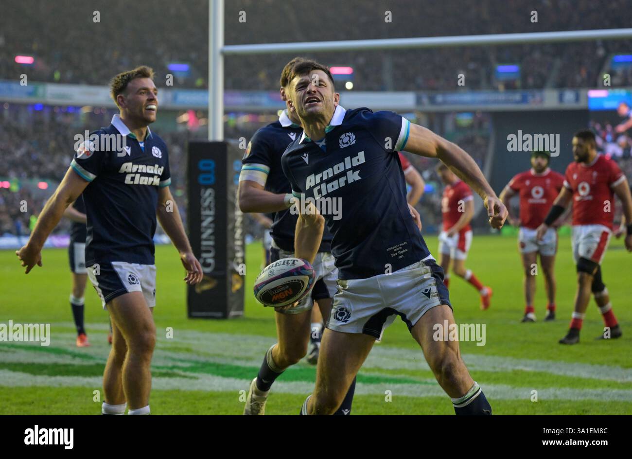 Edinburgh, Scotland, 8th March 2025. Blair Kinghorn of Scotland scores ...