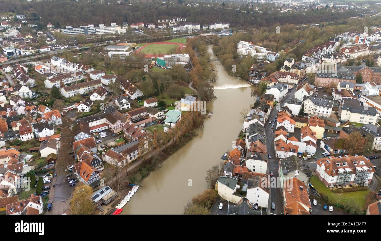 High-angle view of Marburg, Germany, featuring the Lahn River ...