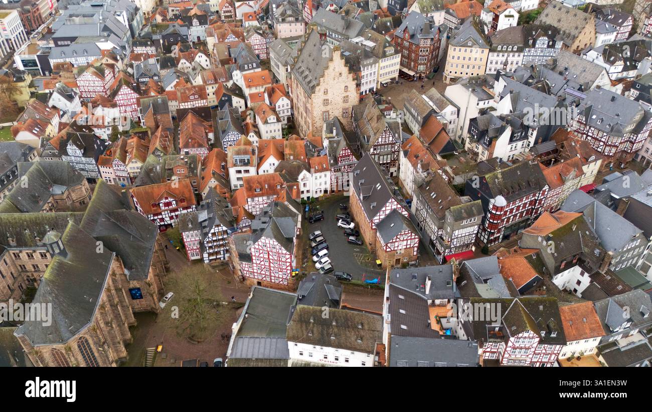 High-angle view of Marburg historic old town, featuring half-timbered ...