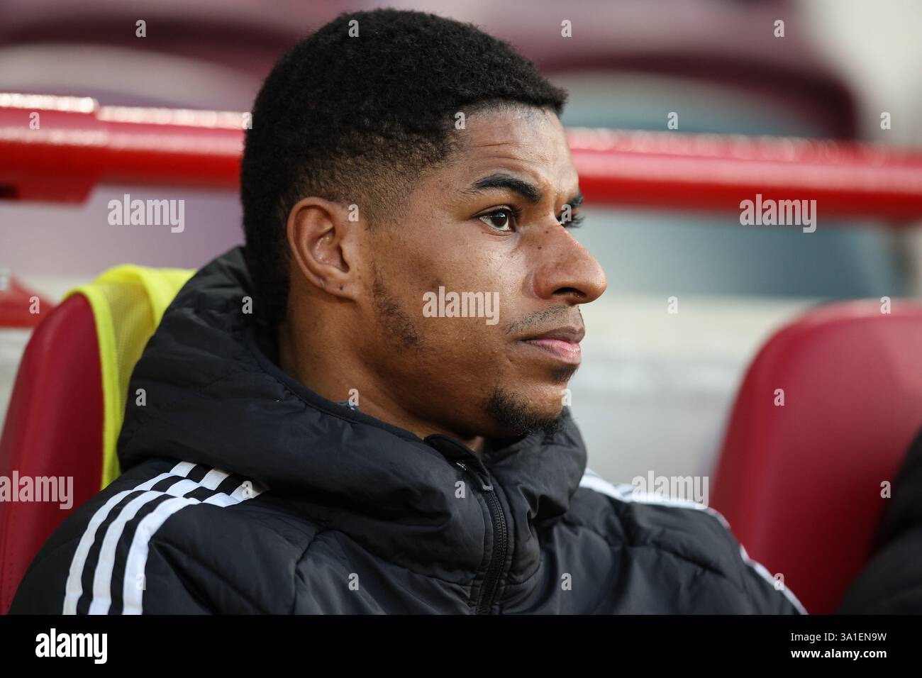 LONDON, UK - 8th Mar 2025: Marcus Rashford of Aston Villa sits on the ...
