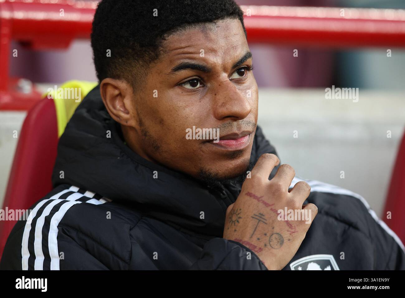 LONDON, UK - 8th Mar 2025: Marcus Rashford of Aston Villa sits on the ...