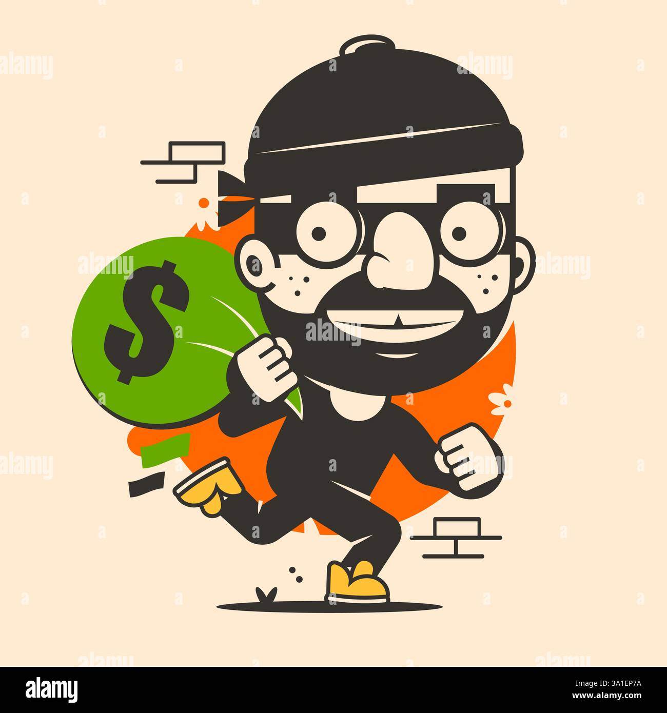 Happy stickman hugs green bag of money. Cartoon thief stole cash from ...