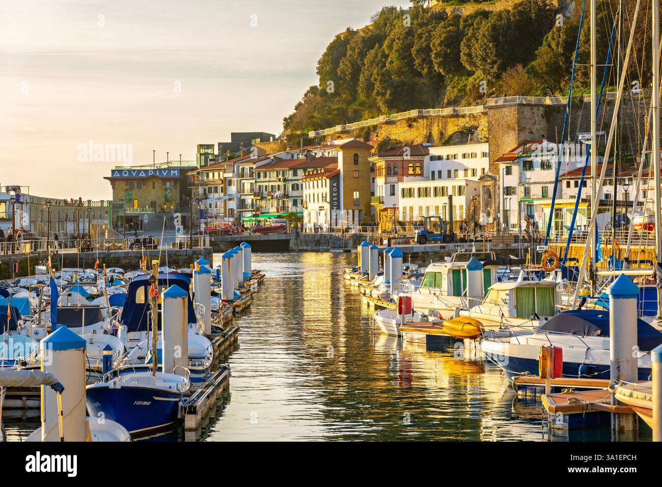 Scenic view of the marina in San Sebastián, bathed in golden sunset ...