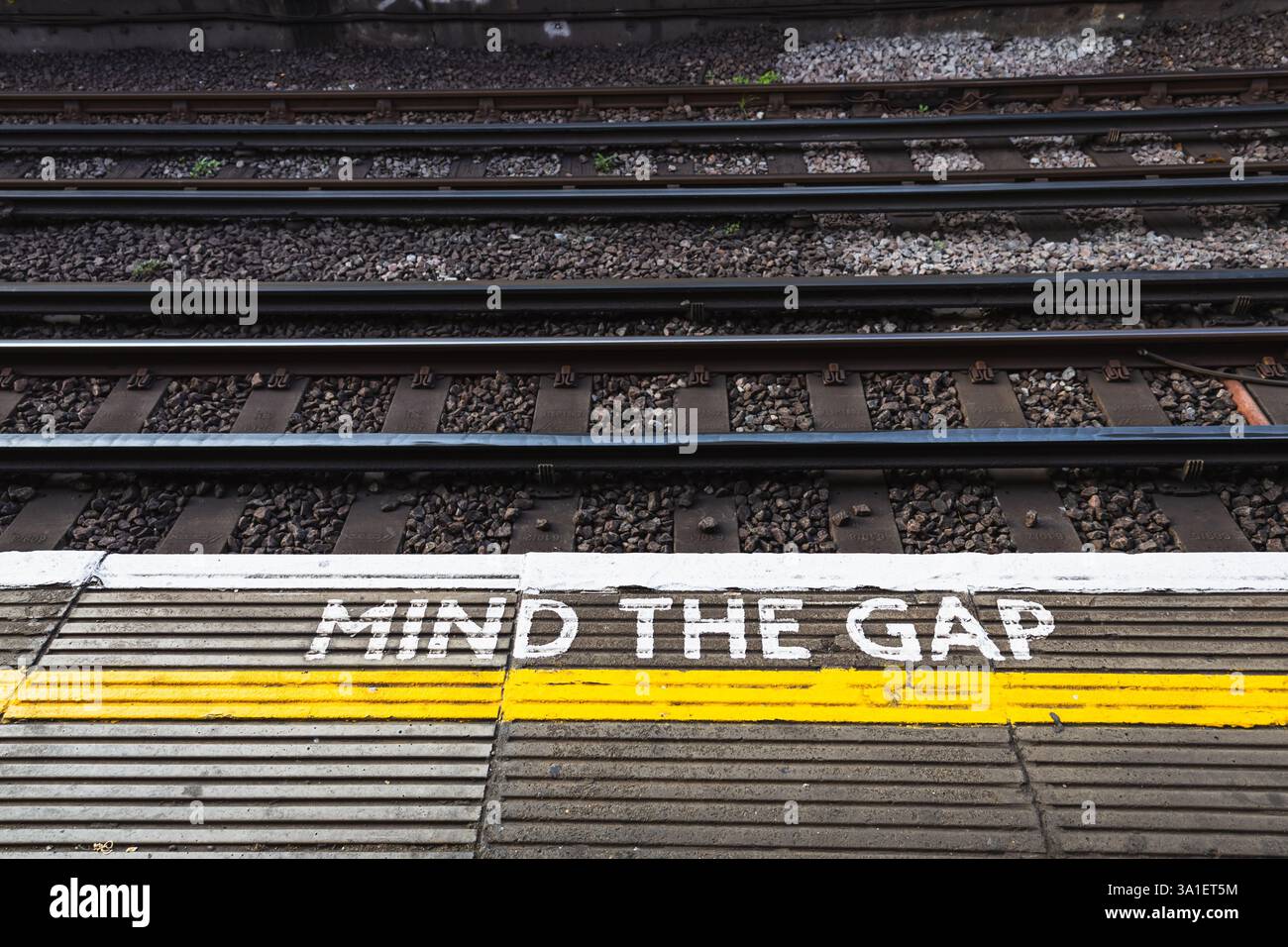 Mind the Gap sign on a train platform warning passengers to be cautious ...