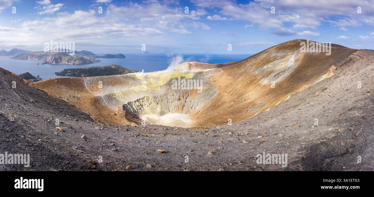 Panormic view of Gran Cratere, Vulcano, Italy. Volcanic crater with ...