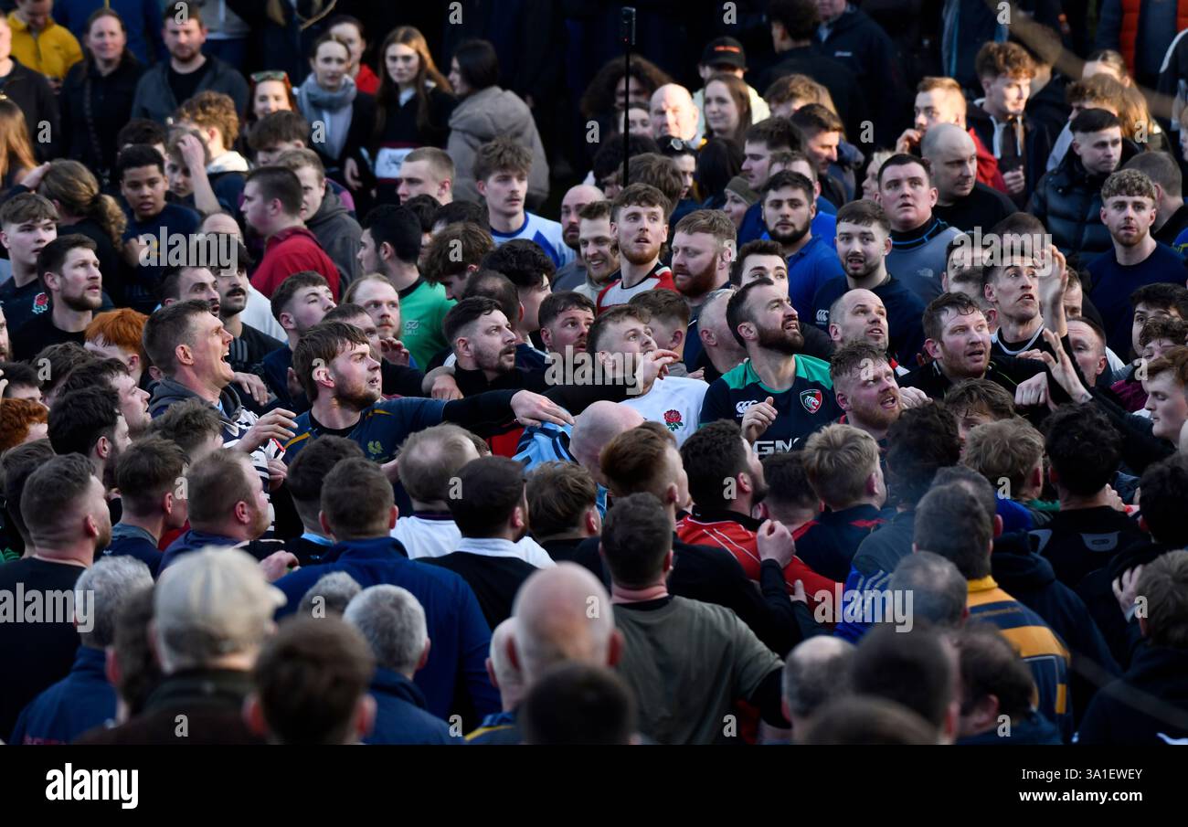Ashbourne Royal Shrovetide ancient football ball game hug in Derbyshire ...
