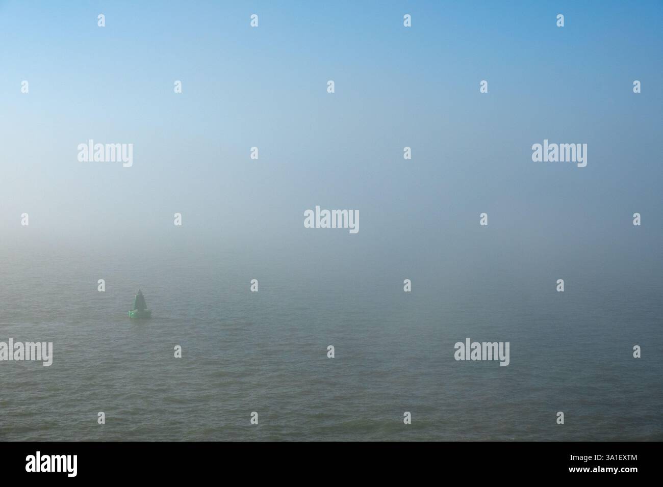 Green marine buoy in sea, dissolving low mist, blue sky Stock Photo - Alamy