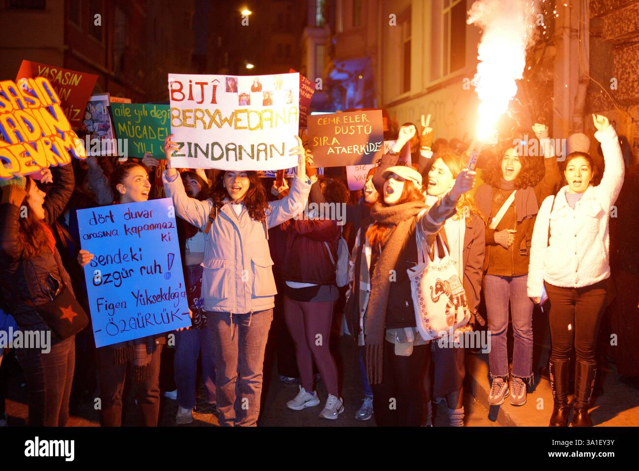 March 8, 2025, Taksim, Istanbul, Turkey: Demonstrators attend during a ...