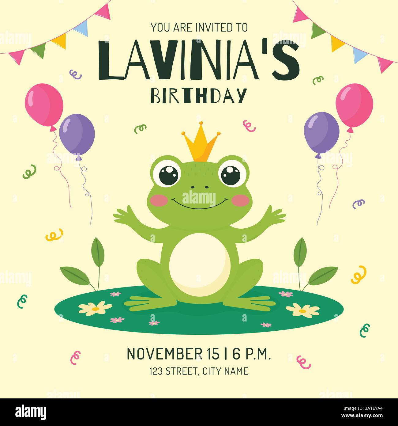 Birthday Party Invitation Card with a Cute Frog Flat Vector ...