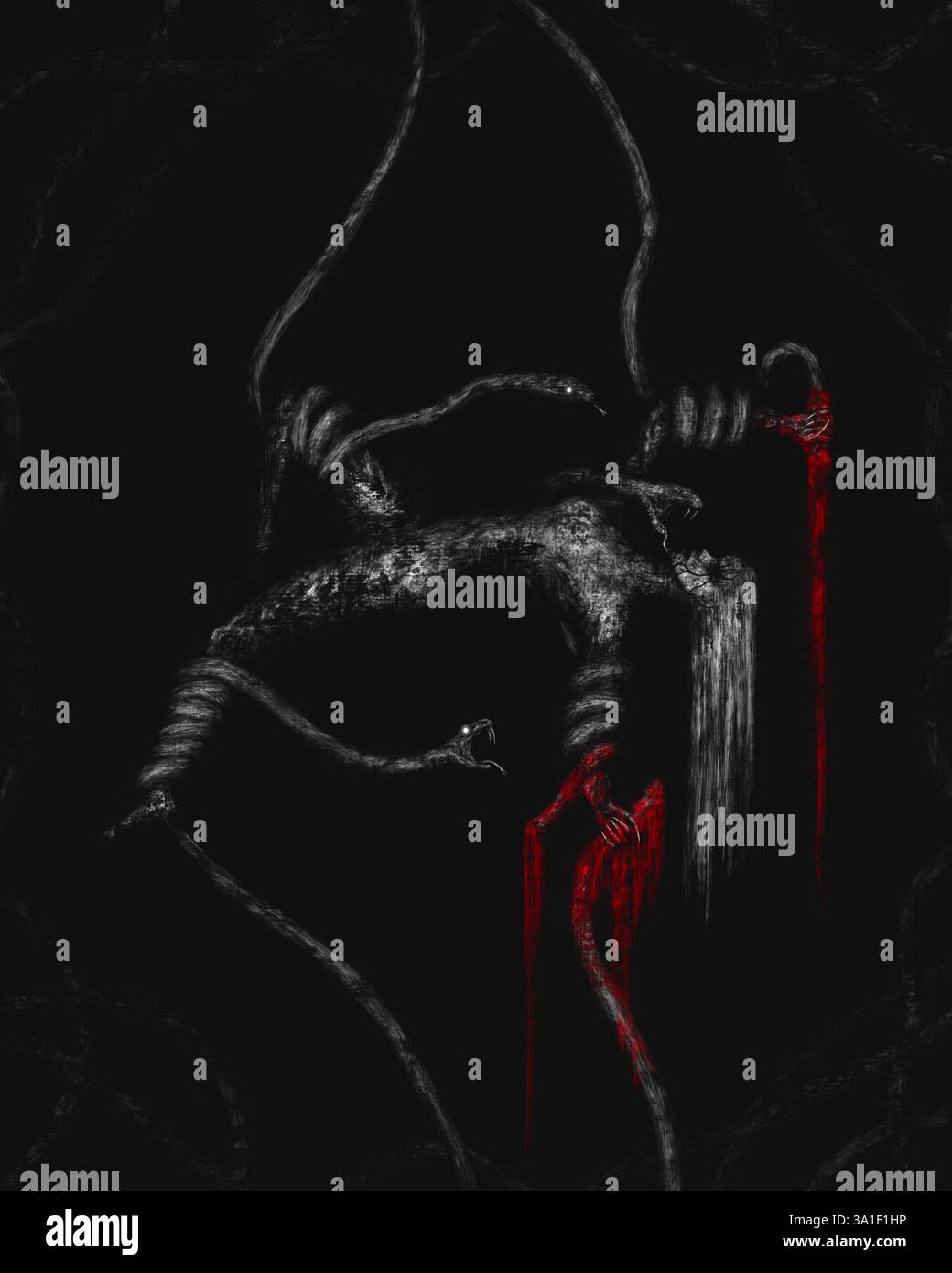 Girl fighting snakes, dark horror illustration Stock Photo - Alamy