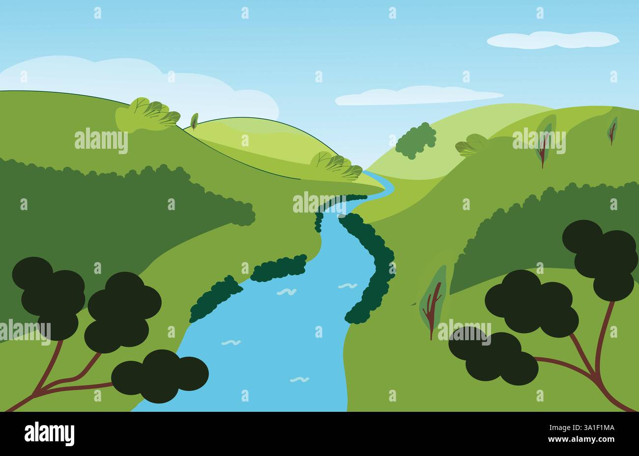 River floating between green hills ; landscape vector illustration with ...