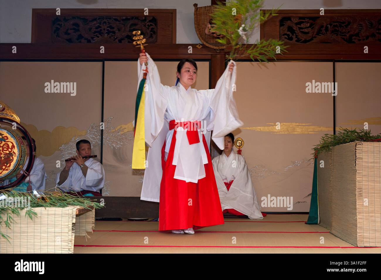 A miko (shrine maiden) performs a ritual dance holding gold jingle bells and "fukuzasa" (lucky ...