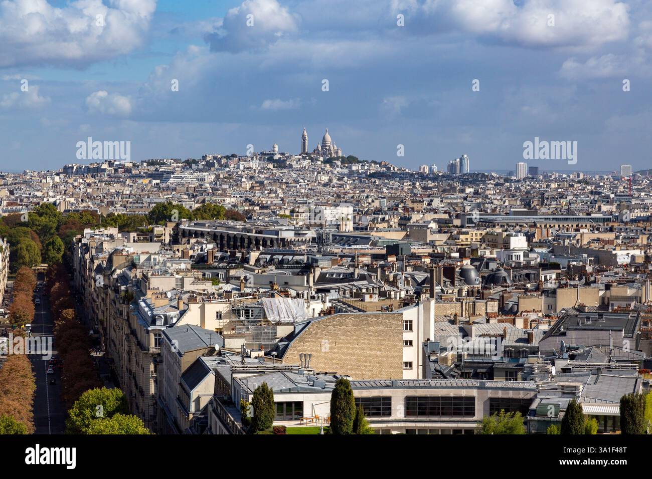 Europe, Paris. Boulevard Champs Elysees . View from the top of the Arc de Triomphe toward ...