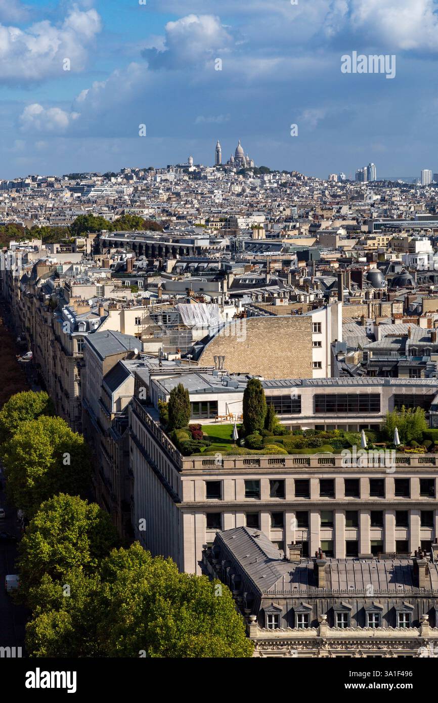 Europe, Paris. Boulevard Champs Elysees . View from the top of the Arc de Triomphe toward ...