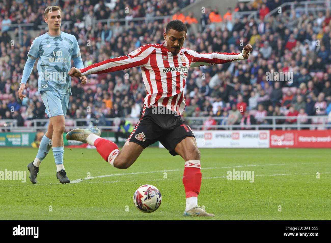 Sunderland's Wilson Isidor assist Sunderland's Chris Mepham at goal during the Sky Bet ...