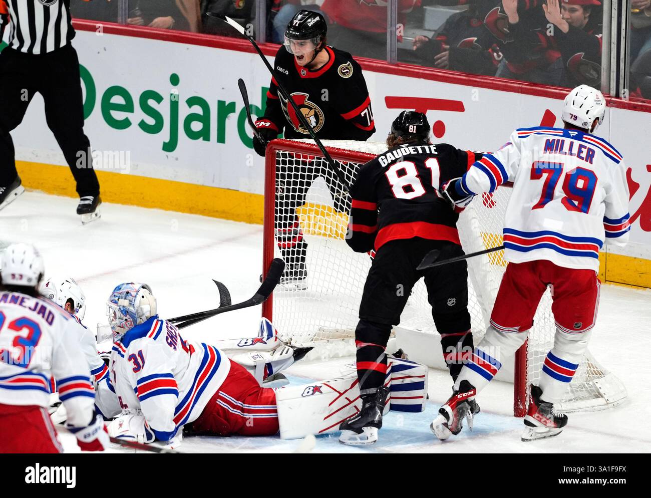 Ottawa Senators' Ridly Greig (71) celebrates scoring on New York ...