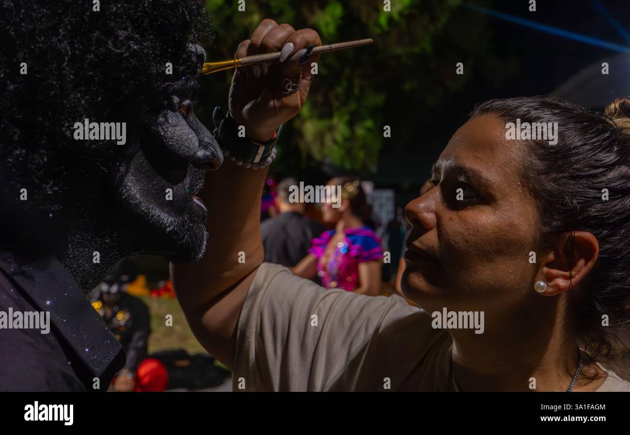 Traditional carnival comparsa groups getting ready to go on stage at ...