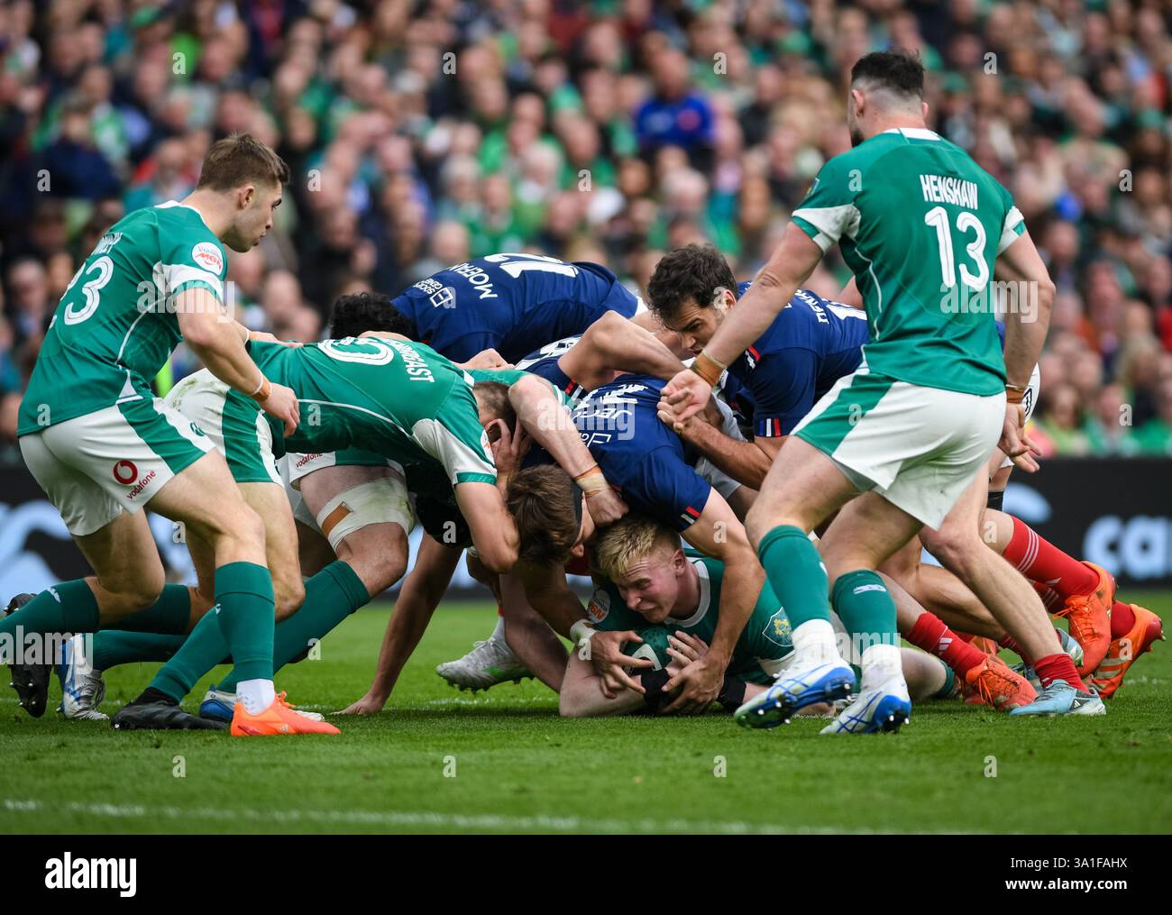 Dublin, Ireland. 8th March, 2025. Ireland's Jamie Osborne is tackled ...