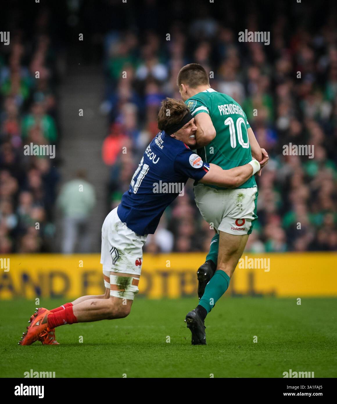 Dublin, Ireland. 8th March, 2025. France's Oscar Jegou tackles Ireland ...