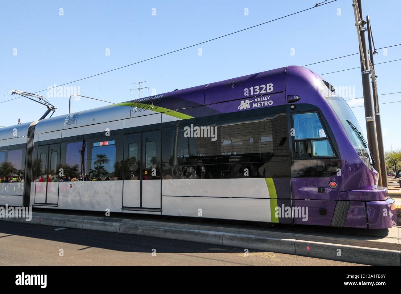 Phoenix, Arizona, USA. 8th Mar, 2025. The light rail parks at the Baseline Road and Central ...