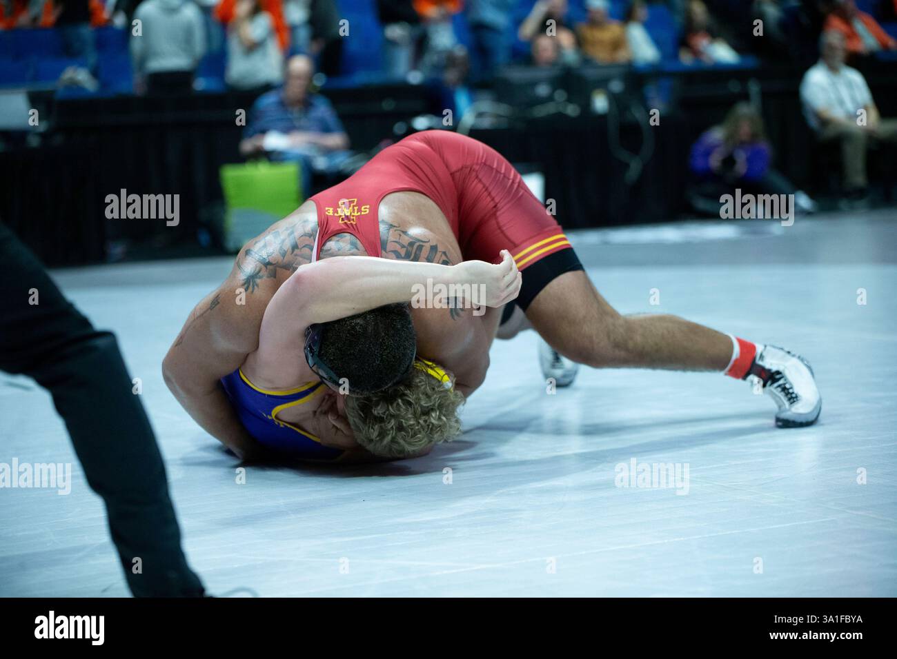 Tulsa, Oklahoma, USA. 8th Mar, 2025. Iowa State's DANIEL HERRERA pins ...