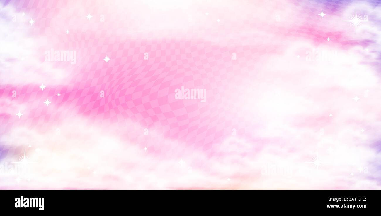 Cute y2k cloud sky sunset background with grid, stars and sakura ...