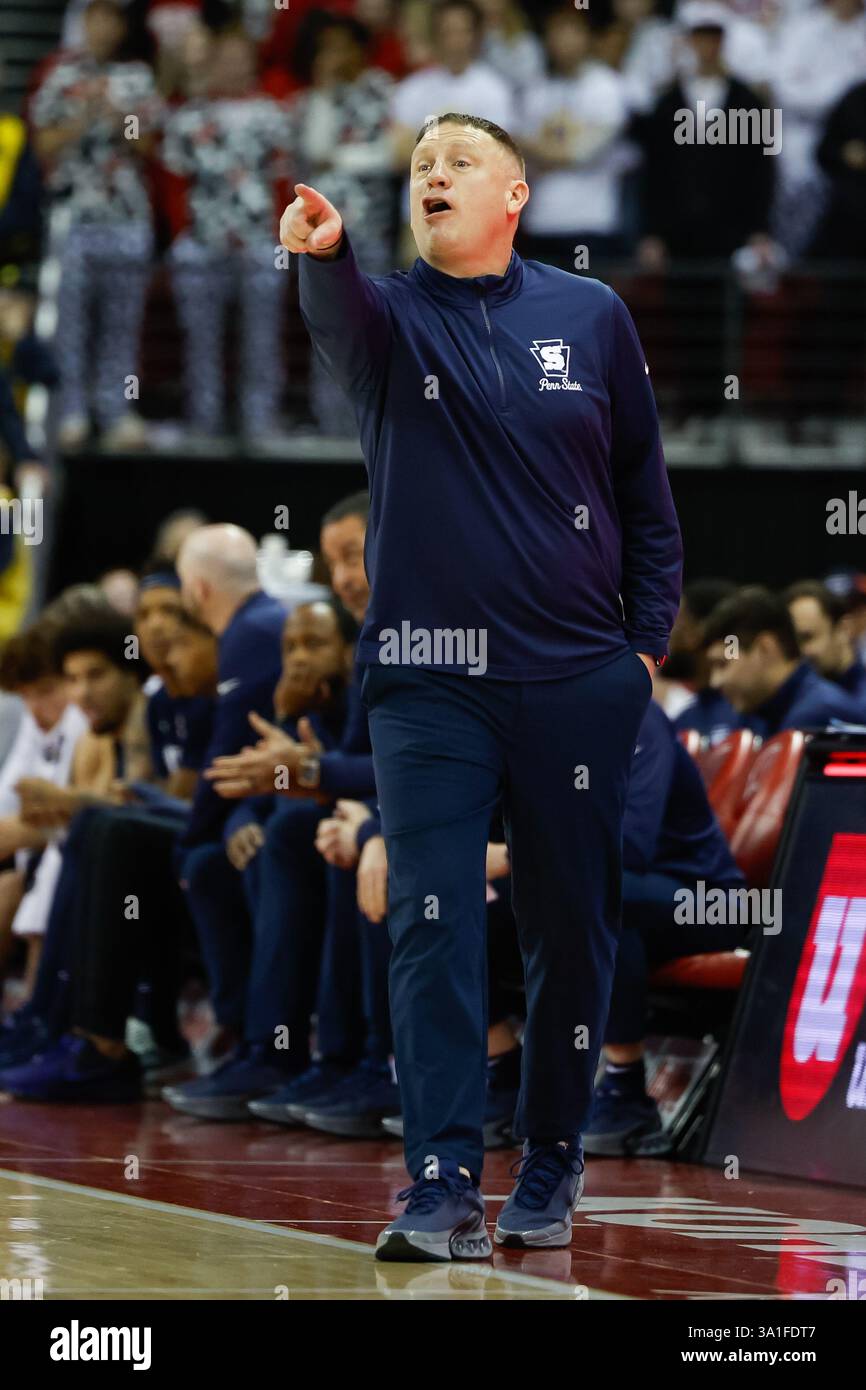Madison, WI, USA. 8th Mar, 2025. Penn State Nittany Lions head coach Mike Rhoades during the ...