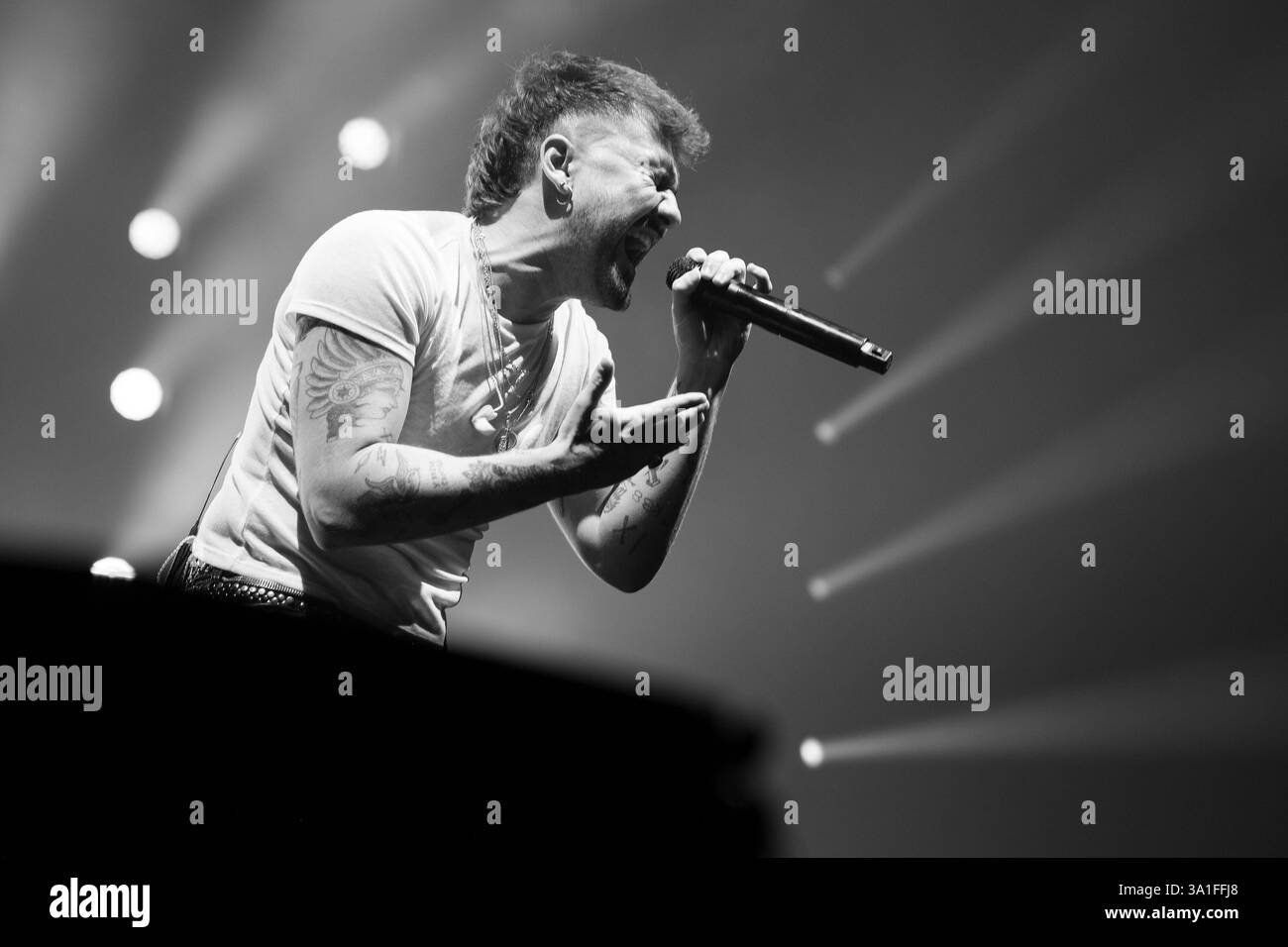 Singer Dani Fernandez performs during a concert at the Movistar Arena ...