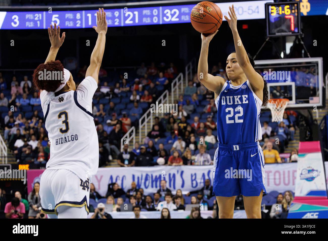 Duke's Taina Mair (22) shoots over Notre Dame's Hannah Hidalgo (3 ...