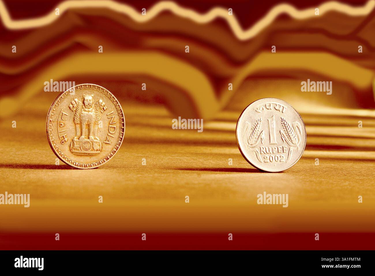 Double pair Indian currency one rupees coin and artistic background ...
