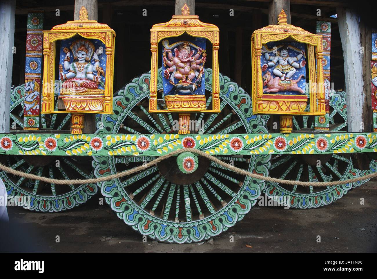Statues carved on wheel of Rath yatra car festival, Puri, Orissa, India ...