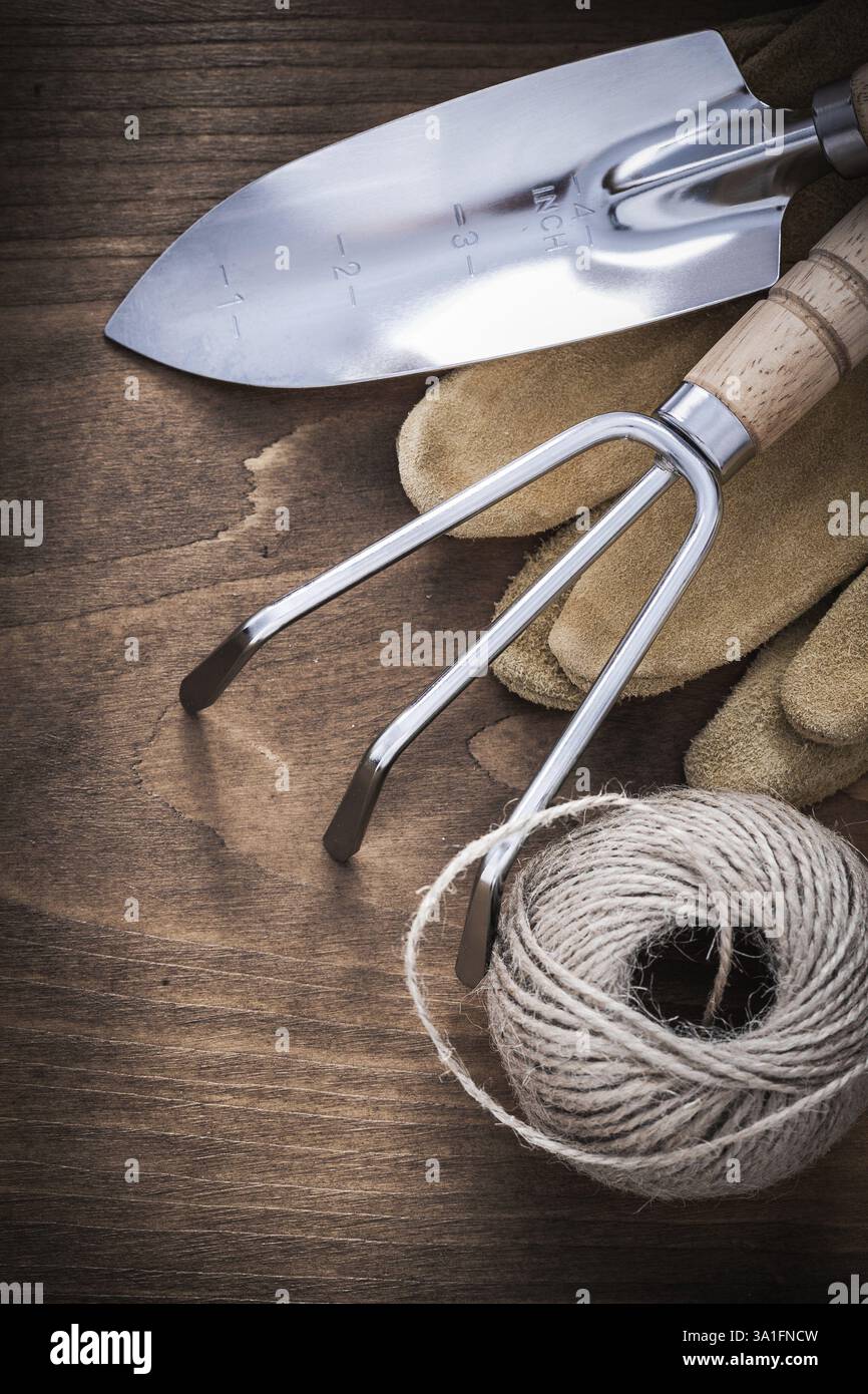 Metal hand spade rake pair of brown leather gardening gloves and hank ...