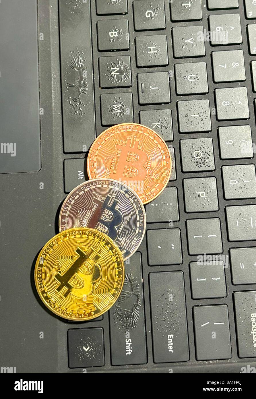 Three distinct cryptocurrency coins are placed on a laptop keyboard ...