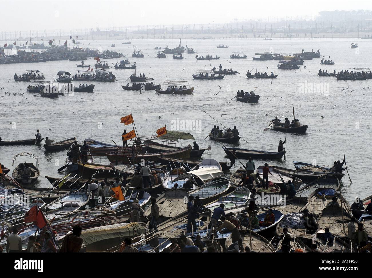 Boats or ferries ferry devotees at the confluence of the Ganges, Yamuna ...