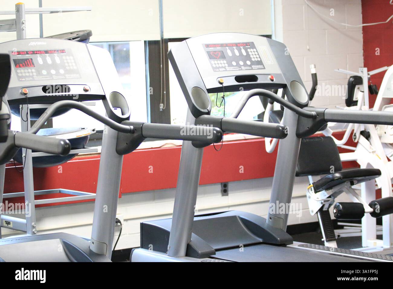 Treadmills and workout machines arranged in a well-lit gym, inviting ...